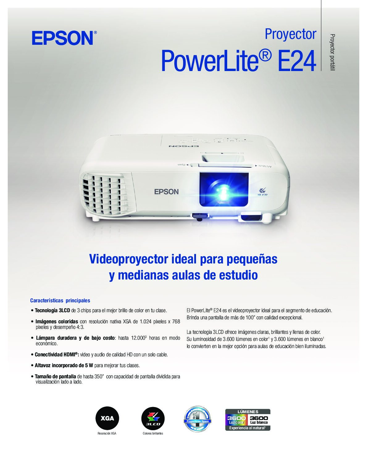 Proyector Epson PowerLite E24, 3600 lumenes, XGA, HDMI/VGA – SOBRE ...